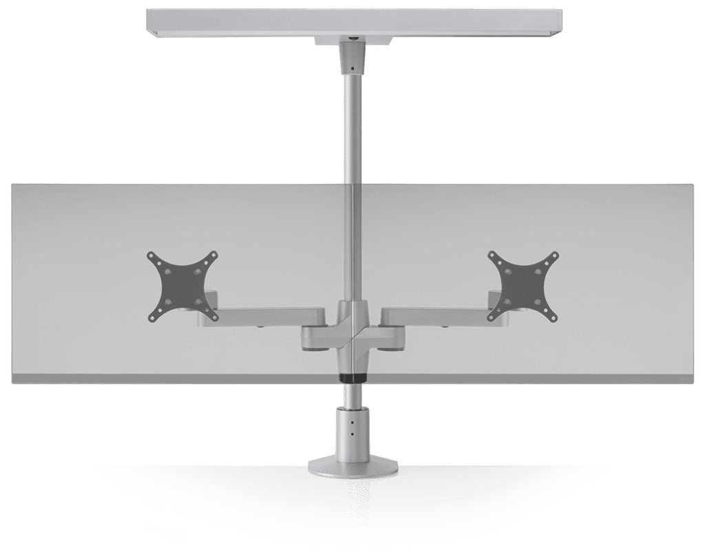 Dual static monitor arms in silver with a task / ambient light. | HAT ...